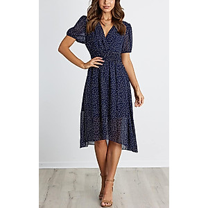 PRETTYGARDEN Puff Sleeve Floral Easter Dress for Women High Low Hem Wrap V Neck Summer Dress Smocked Waist Flowy Midi Dress (Bright Blue, Large)