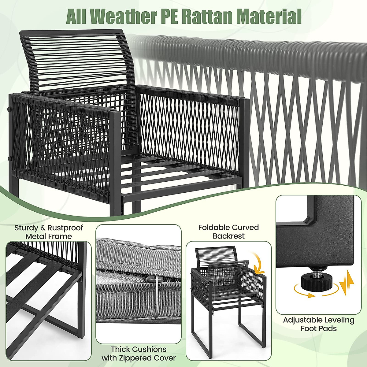 DORTALA Rattan Patio Furniture Set, 3-Piece Dining Set with Cushions, Tempered Glass Tabletop, Outdoor Wicker Small Chairs & Table Set for Backyard, Balcony, Poolside, Black
