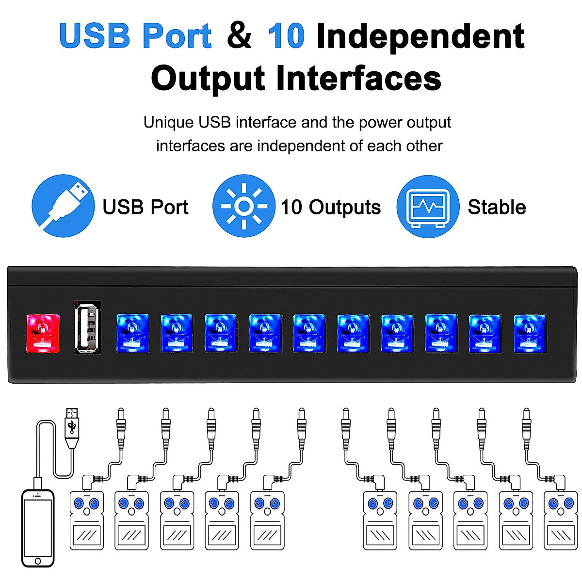 Vangoa Guitar Pedal Power Supply 10 Truly Isolated Outputs, Portable Pedal Board Power Supply with USB for 9V/12V/18V Effect Pedal Power Supply