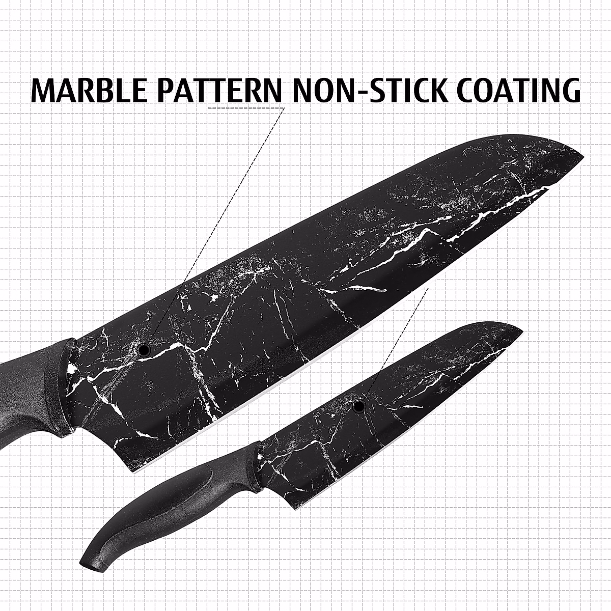 hecef Kitchen Knife Set of 5, Sharp Stainless Steel wtih Black Marble Pattern, Professional Cooking Knives Set Including Paring, Utility, Bread, Carving, Santoku & Chef Knife