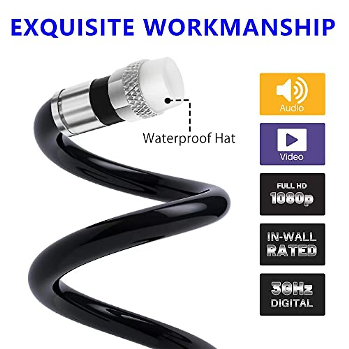 RG6 Coaxial Cable 50 Feet Indoor/Outdoor Direct Burial Coax Cable,Quad Shielded 3 GHZ 75 Ohm F81 / RF Waterproof in-Wall with Rubber Boot,Digital TV Aerial Broadband Internet Satellite Cable +25 Ties