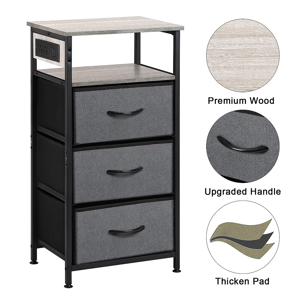 NANANARDOSO End Table with 3 Drawers and 2-Tier Shelf, Fabric Small Dresser Organizer Vertical Storage with Charging Station, Industrial Nightstand Side Table for Bedroom, Sofa, Grey