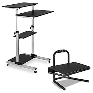 Mount-It! Mobile Standing Desk, Height Adjustable Stand Up Computer Work Station and Height Adjustable Foot Rest with Handle, Six Height Settings, and Anti-Slip Padded Surface