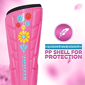 Vizari Blossom Kids Soccer Shin Guards for Girls - Pink/Blue, XS | Dual-Layered Protection & Ventilated Football Shin Pads with Ankle Protection | Stylish Design Ankle Guard with Adjustable Fit