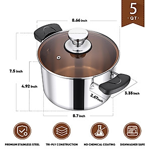 E-far 5-Qt Stockpot, 3-Ply Stainless Steel Stock Pot with Glass Lid & Stay-Cool Handles for Cooking Simmering Soup Stew, Heavy Duty Cookware Works w/Induction, Non-toxic & Dishwasher Safe