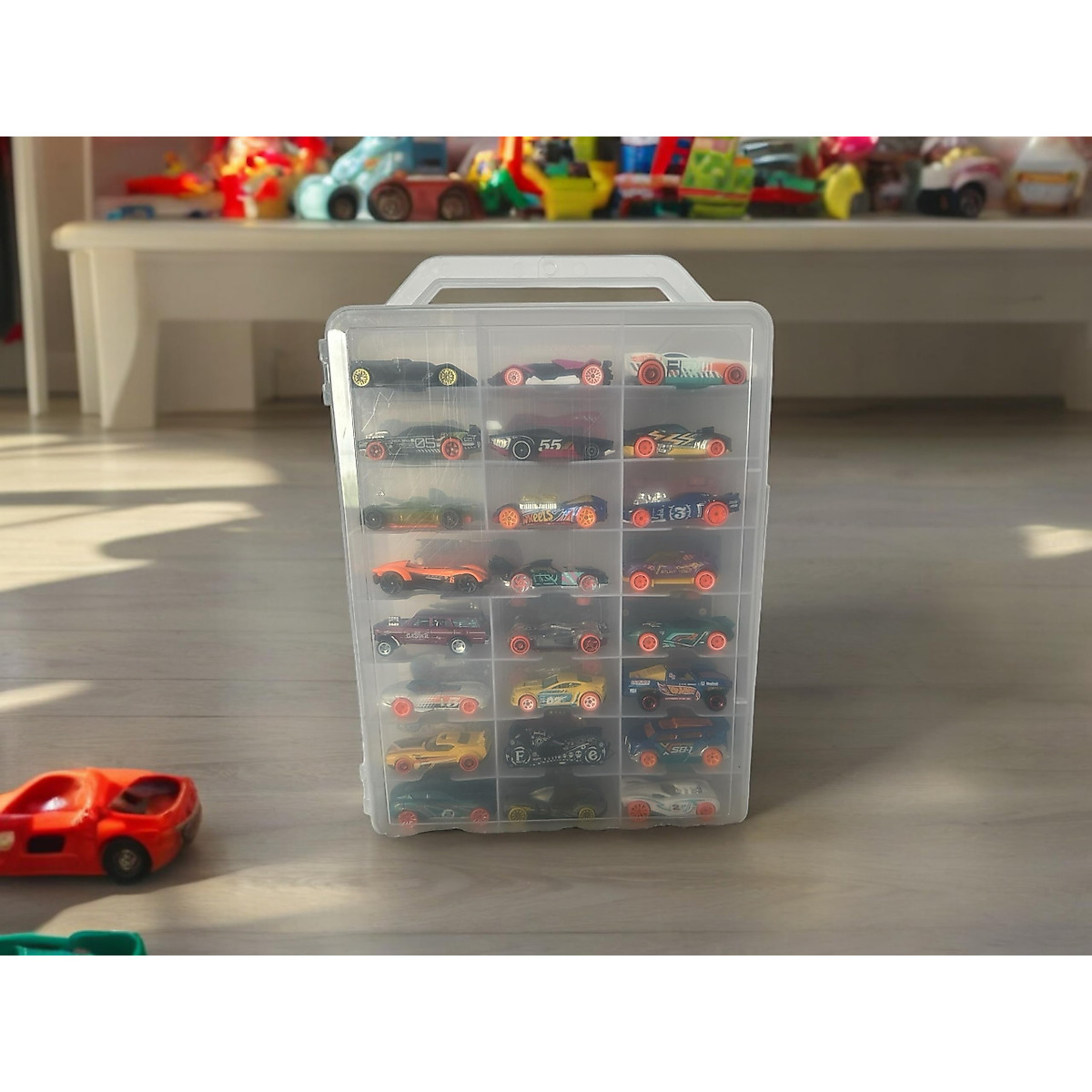 Double Sided Storage Case for 46 Hot Wheels, Matchbox Cars, Small Action Figures, Crafts; Portable Transparent Storage Case with 46 Compartments, Case Only (Transparent)