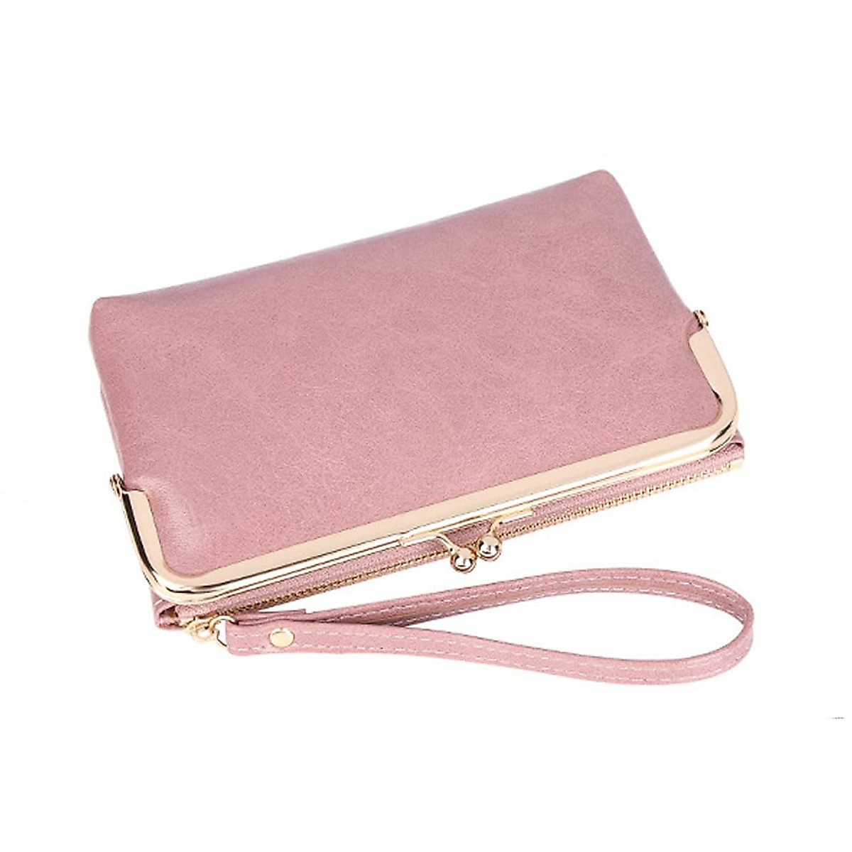 Yohora Wristlet Clutch Slim Leather Wallet Kiss Lock Handbag with Cellphone Pocket Retro Lightweight Pure Mini Coin Pouch