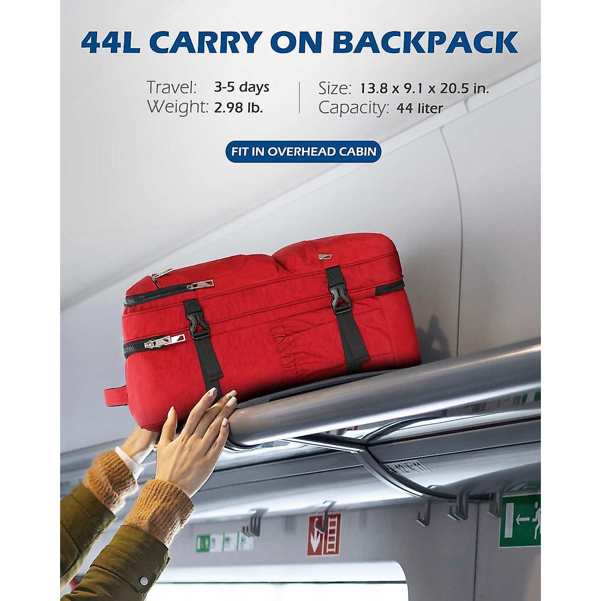 Hynes Eagle 44L Carry on Backpack Airline Approved Travel Backpack for Men Women Large Laptop Backpack 17 inch Nylon Backpack Overnight Weekender Bag Red