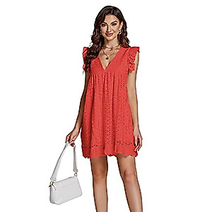LYANER Women's Elegant Eyelet V Neck Ruffle Cap Sleeve Tank Babydoll A Line Mini Dress Red Medium