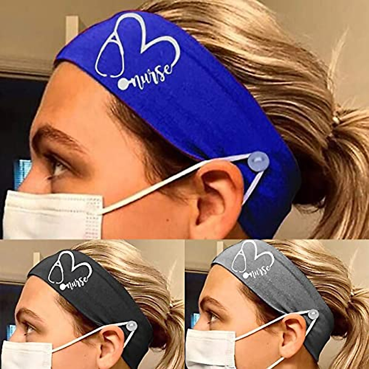 3 Packs Nurse Headbands with Buttons, Face Cover Holder, Reduce Ear Pain, Elastic Hair Bands for Women Nursing Healthcare Worker(Blue, Black, Grey)
