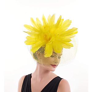 Lucky Leaf Girl Lady Hat Headwear Organza Church Feather Clip Fascinators Hat Wedding Party Kentucky Derby Cap for Women (Large Feather Yellow), Medium