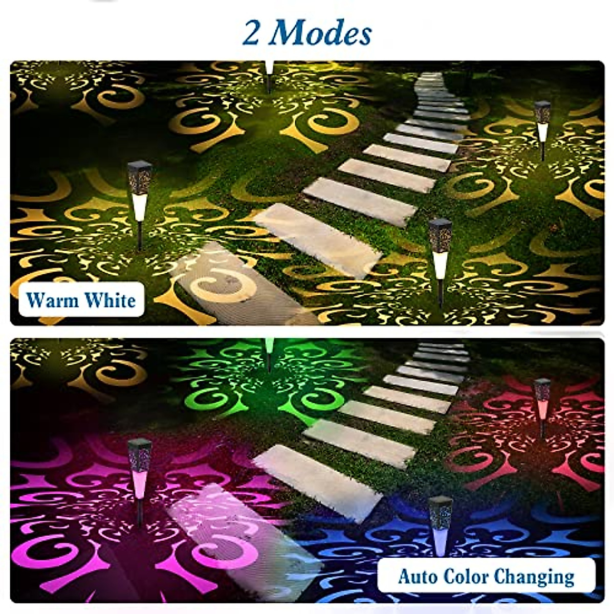 HEMOPLT Solar Outdoor Lights, Pack of 4 Solar Lights Outdoor Waterproof, Color Changing + Warm White Solar Garden Llights, IP 67 Waterproof Garden Lights, for Walkway, Yard, Lawn, Landscape, Driveway