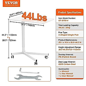 VEVOR 28.5"-44.2" Gas-Spring Height Adjustable Sit-Stand Desk 360° Swivel Wheels (2 Lockable) Portable Rolling Laptop Table Computer Cart for Home Office School, 44LBS Loading, 29.1 x 18.9 inch, White