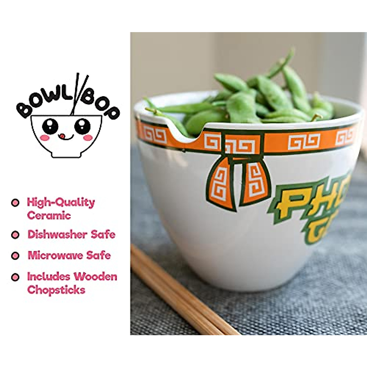 Boom Trendz Bowl Bop Pho-Kin Good Japanese Ceramic Dinnerware Set | Includes 16-Ounce Ramen Noodle and Wooden Chopsticks Asian Food Dish For Home & Kitchen Kawaii Anime Gifts,Snack Collectible Orange