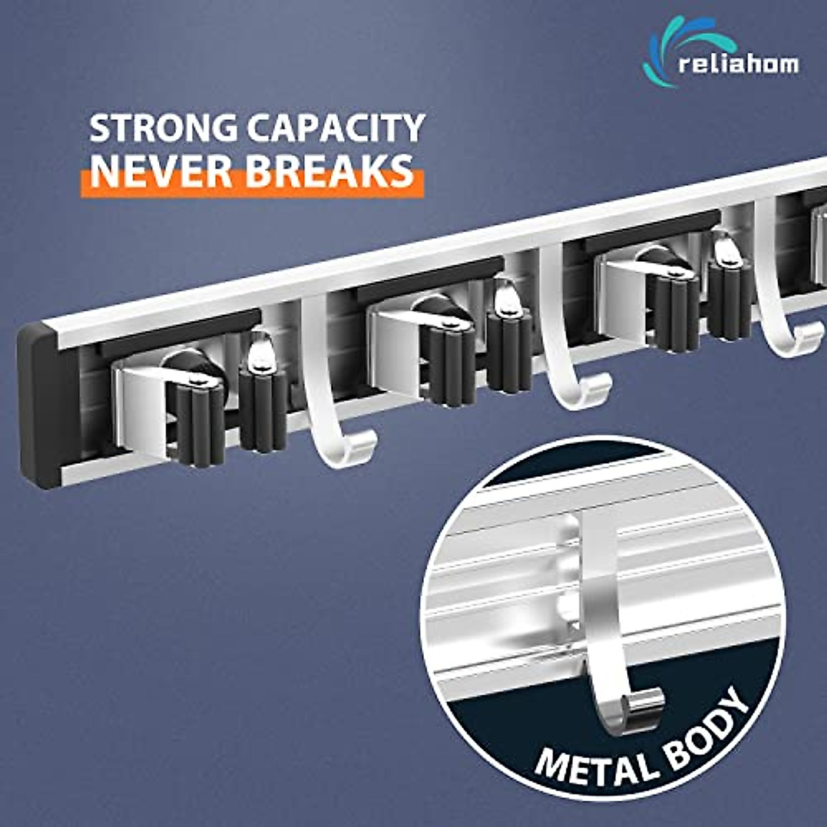 reliahom 2 Pack Broom Holder Mop Hanger Wall Mount Metal Organization Garage Storage System Garden Kitchen Tool Organizer(5 Racks with 4 Hooks, Black)