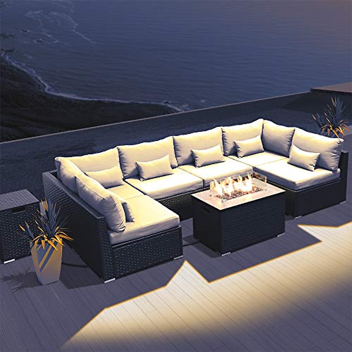 Sun peak Fire Table Set Sectional Outdoor Furniture Propane Firepit Dark Brown Rattan Multi Colors Outdoor Sofa Set (Light Beige Rectangular Table)