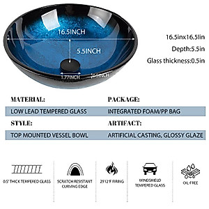 KLINCAIR Vessel Sink Artistic Tempered Glass Vessel Sinks Basin Bowl Set | Top Mount Bathroom Sinks Above Counter with Matte Black Waterfall Faucet and Pop-up Drain Combo (Ocean Blue)