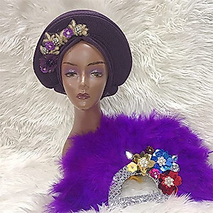 Msbfea Feather Fan Big Size African White Feather with Autogele Headtie Turban Cap Matching 1headtie+1fan Color 311