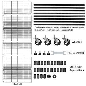 FLL 6 Tier Metal Wire Shelving Unit Garage Shelving Wire Shelving for Garage Kitchen,NSF Certification Metal Storage Shelf Rack Shelf Heavy Duty Shelves Height Adjustable with Wheels,48×18×82,Black
