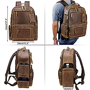 Masa Kawa Vintage Full Grain Leather 15.6" Laptop Backpack for Men Large Camping Travel Rucksack Weekender Daypack, Brown