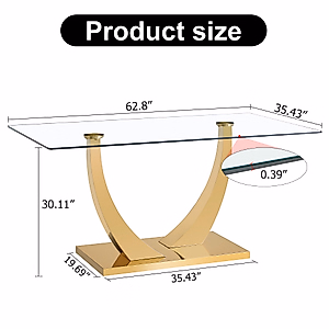 63" Glass Dining Table for 4 to 6 People, Modern Minimalist Kitchen Table with Tempered Glass Tabletop and Gold Metal Base, Large Rectangle Dining Room Table for Kitchen Dining Room