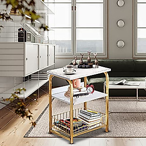 Garden 4 you End Table Side Table 3 Tiers White Marble Nightstand Industrial Retro Storage Shelf for Living Room Bedroom Kitchen Family and Office,Stable Wood and Metal Frame