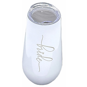 Bridesmaid Champagne Tiny Tumbler 6 Oz Engraved For Bride. Stemless Staintless Steel Flutes Great For Bachelorette Party Or Wedding Gift For Bridesmaid, Maid & Matron Of Honor. (Bride White, 1)