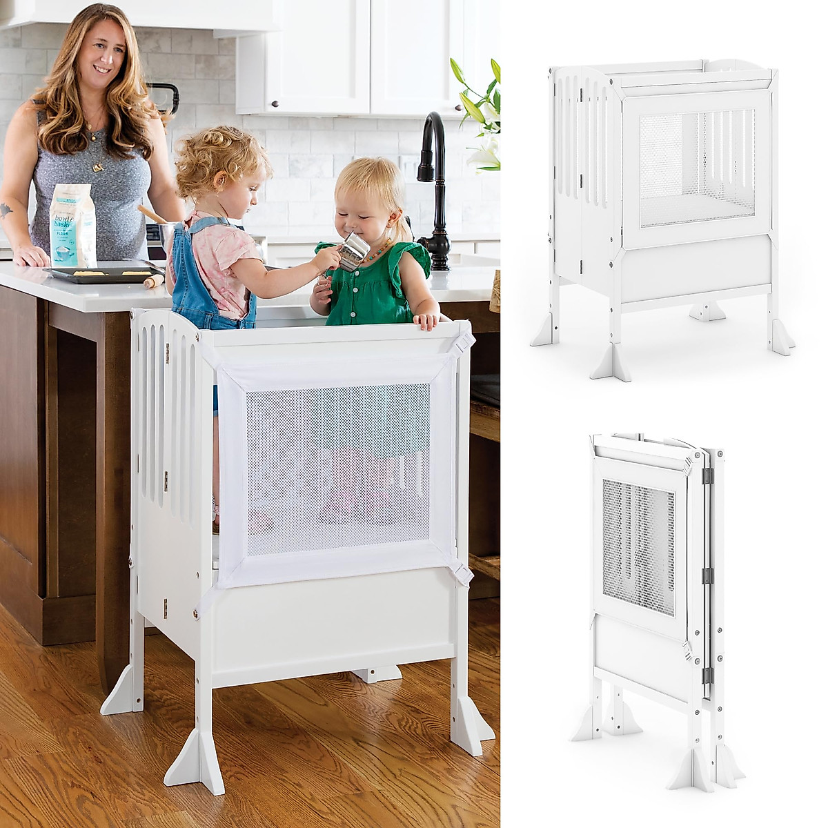 Guidecraft Contemporary Double Kitchen Helper® Stool - White: Extra-Wide Foldable Safety Tower for Two Toddlers; Adjustable Height, Wooden Counter Step Stool | Little Kids Learning Furniture