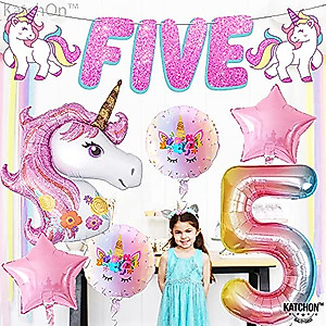 KatchOn, Unicorn 5th Birthday Decorations Girl - Glitter Five Banner, Number 5 Balloon 40 Inch | Giant Unicorn Balloons, 43 inch | Unicorn Decorations for Birthday Party | Unicorn Party Decorations