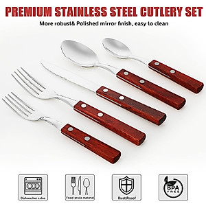 40 Pcs Wooden Handle Silverware Cutlery Set Walnut Handle 18/8 (304) Stainless Steel Cutlery Set Wooden Handle Knife Fork Spoon Reusable Utensils Serves for 8 (Mahogany Color)