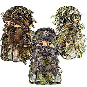 Sintege 3 Pieces Hunting Face Mask Camouflage Leafy Hat Ghillie Face Covering 3D Full Cover Camo Headwear Turkey Hunting Gear Accessories