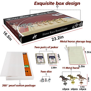 Grhonior Large 21 inches Horse Racing Board Game with 11 Luxury Metal Craft Horses Thickened Pine Finish LINE Race Game Chessboard Including 2 Sets of dice and 2 Boxes of Cards