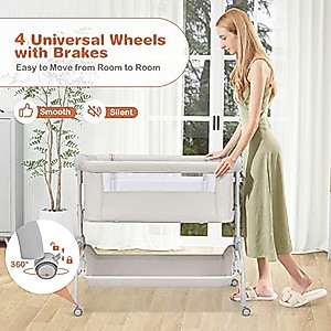 BABY JOY Baby Bassinet, 3-in-1 Rocking Bassinet w/Storage Basket, Double-Lock Design, 7 Adjustable Heights, Soft Mattress & Portable Travel Bag, Bassinet Bedside Sleeper for Newborns Infants (Beige)