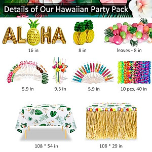 ADAM’S OFFER Hawaiian Luau Birthday Party Decorations Tropical Aloha Party Supplies for Summer Beach Decor Leis Necklaces Table Skirt Tablecloth Straws Toppers Leaves Balloon Kit