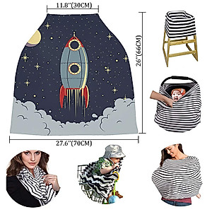 Car Seat Canopy Nursy Cover - Space Theme Cute Cartoon Rocket Moon and Stars Pattern - Multi Use Breastfeeding Scarf for Women, Baby Stroller Cover Shopping Cart Pad Breastfeeding Towel