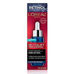 L'Oreal Paris Revitalift 0.3% Pure Retinol Night Serum, to Visibly Reduce Wrinkles, Even Deep Ones, Fragrance Free 1 oz + Moisturizer Sample
