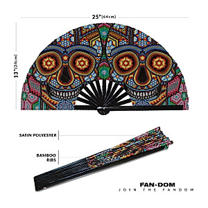 Dia De Los Muertos Hand Fan Foldable Bamboo Circuit Rave Hand Fans Colorful Sugar Mexican Skulls Day Dead Huichol Outfit Party Gear Gifts Music Festival Rave Accessories (Style 3)