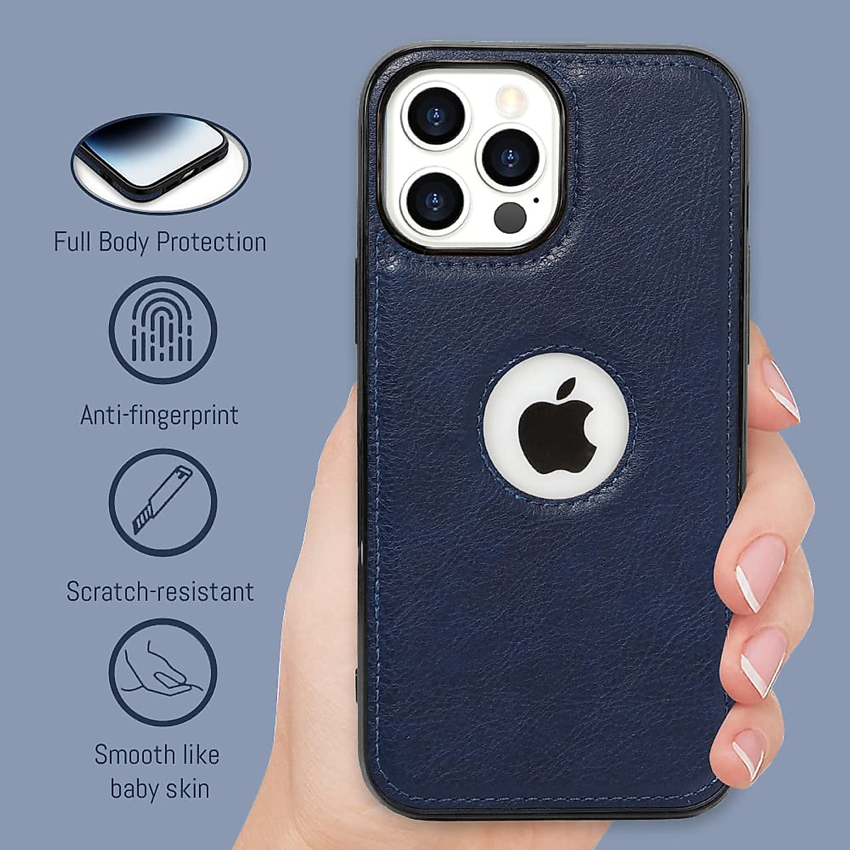 MZELQ for iPhone 14 Pro Max Case PU Leather Vegan Slim Logo View Luxury Elegant Classic Screen Protector Protective Phone Case (2022) 6.7" - Blue