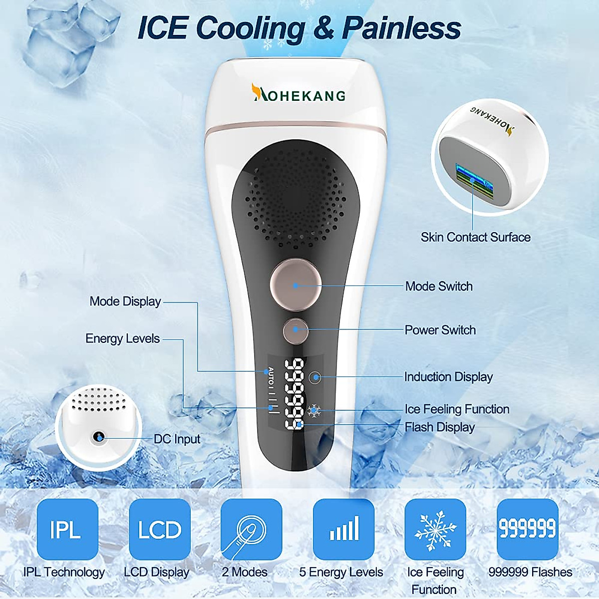 AOHEKANG At-home Laser Hair Removal for Women, IPL Hair Removal Device ICE Permanent Painless Hair Remover for Facial Armpits Bikini Legs, Upgraded to 999,999 Flashes
