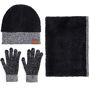 MAYLISACC Knit Beanie Hats Scarf and Touchscreen Gloves 3 Pcs Winter Set Fleece Lined for Men Women Cold Weather Grey
