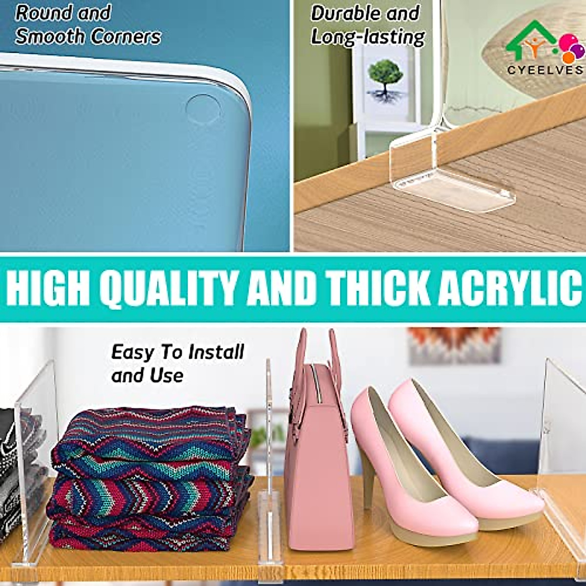 6 Pack Closet Shelves, Shelf Dividers, Clear Acrylic Shelf Divider for Closets, Wood Shelf Dividers Purse Organizer Separators, Closet Shelf Organizer for Kitchen Cabinets Storage Clothes Organization