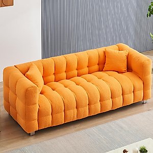 Dolonm Modern Sofa Couch with Metal Legs Upholstered Tufted 3 Seater Couch with 2 Pillows Decor Furniture for Living Room, Bedroom, Office, 80 Inch Wide(Orange-Teddy)