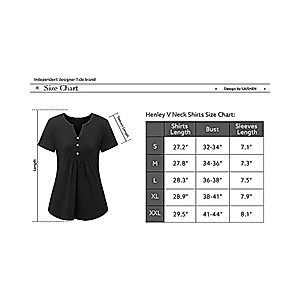 LAISHEN Women's Short Sleeve Henley V Neck Shirts Button Down Tunic Tops Casual Summer Blouse(Black,L)