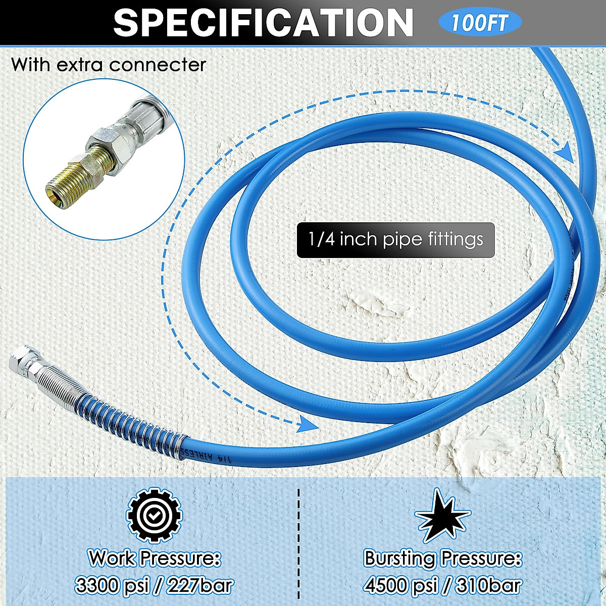 NATGAI 100FT High Pressure Airless Paint Sprayer Hose, 1/4 inch Airless Paint Hose 3300PSI Flexible Fiber Tube (100ft)