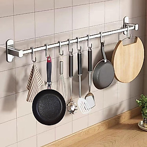 Altomoey Adhesive Wall Hooks Rack Kitchen Rail, 8 hooks 23.43Inch Space Saving Utensil Holder,No Drilling Wall Mounted Accessory Hanger for Kitchen Bathroom