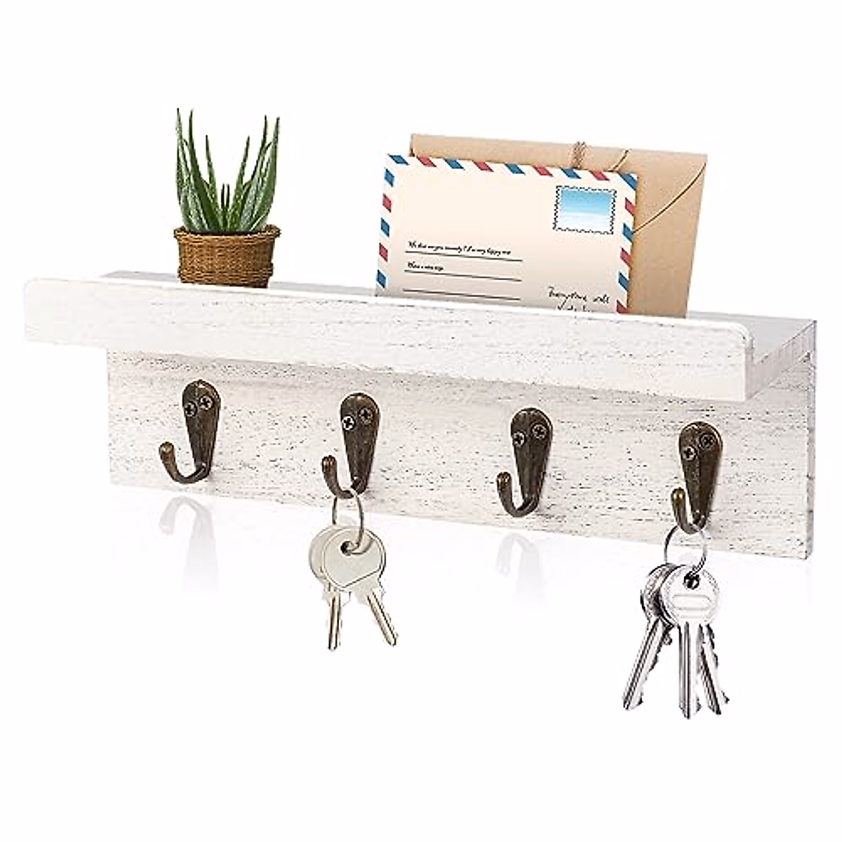 HRONRAD Rustic Key Holder for Wall, Farmhouse Wall Shelf with 4 Hooks, Wall Mounted Key Racks, Wooden Mail Organizer with Hooks for Entryway (White)