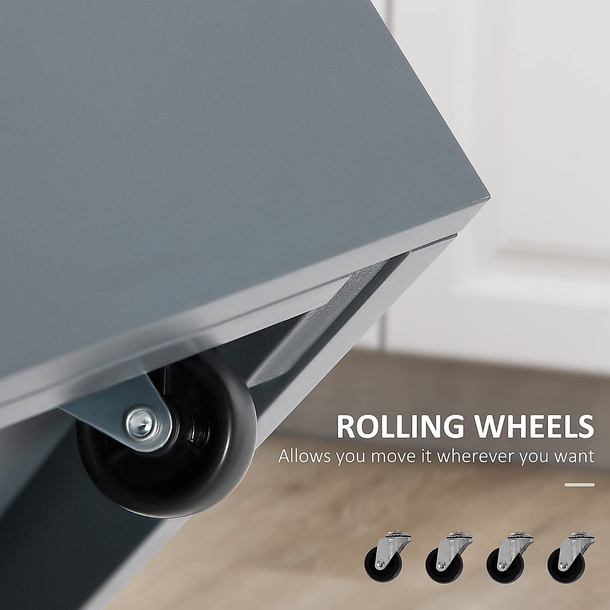 HOMCOM Triple-Cabinet Kitchen Island on Wheels, Kitchen Storage Cabinet with Drawers & Countertop, Rolling Utility Cart with Wood Top, Towel Rack, Spice Stand, Dark Gray