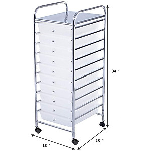 GOFLAME Rolling Drawer Cart with 10 Drawers, Utility Storage Organizer Cart with Wheels and Metal Frame, Art Cart for Office, School, Home, Clear