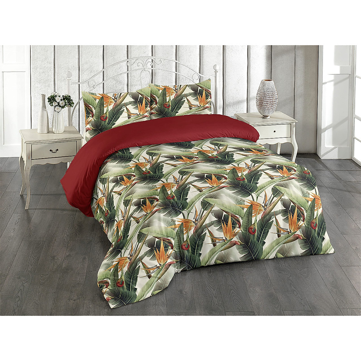 Ambesonne Exotic Duvet Cover Set, Bird of Paradise Flowers Tropical Design Pattern Vintage Hawaiian Style, Reversible 3 Piece Bedding Set with 2 Pillow Shams, Queen, Marigold Green