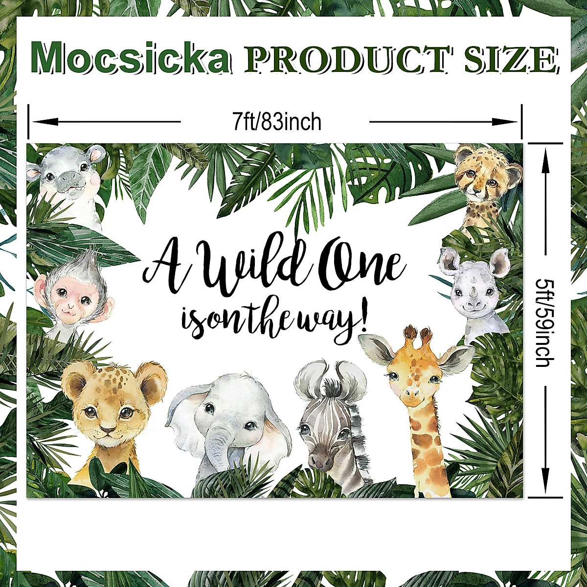 Mocsicka Safari Baby Shower Backdrop Jungle Animals Background Tropical Zoo Animals Party Cake Table Decoration Photo Booth Props (7x5ft)